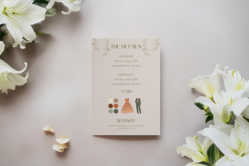 Elegant Wedding Details Card Template: Olive Reception, Accommodation ...