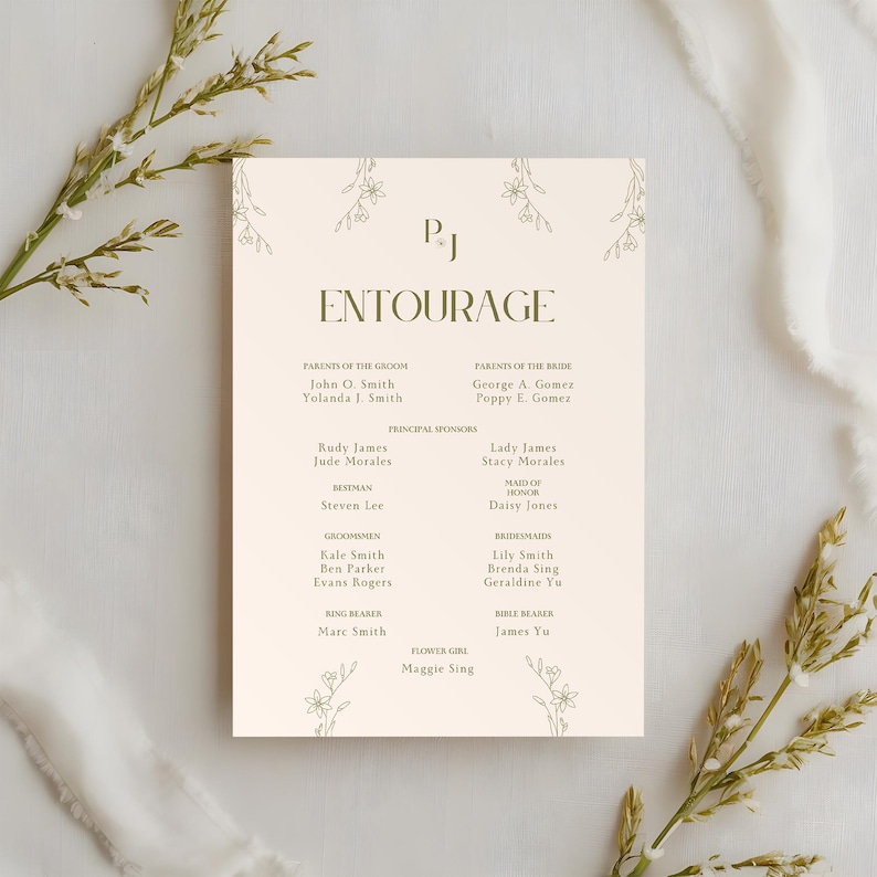 Olive Floral Wedding Entourage Template: Editable Canva Design (digital ...