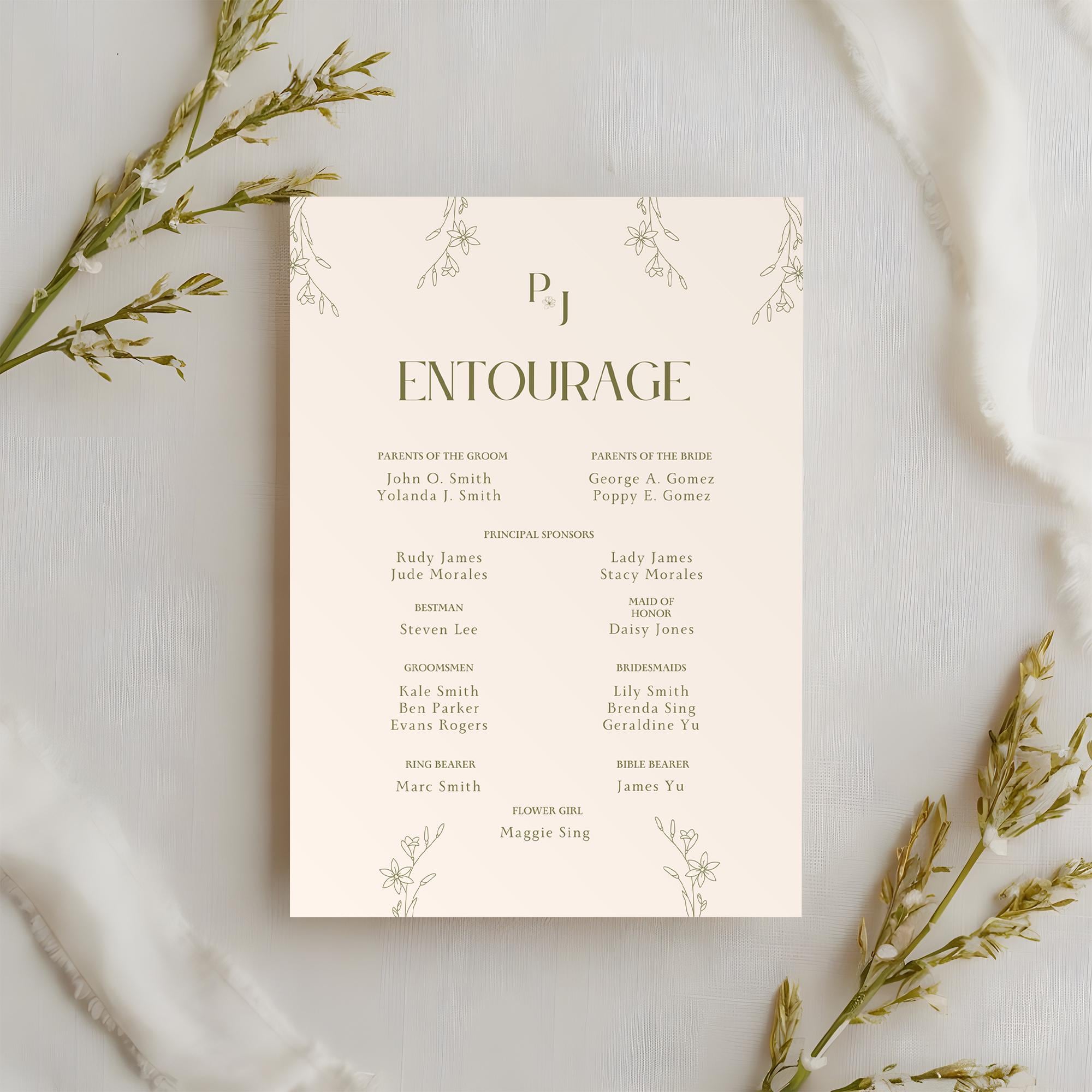 Olive Floral Wedding Entourage Template: Editable Canva Design (digital ...