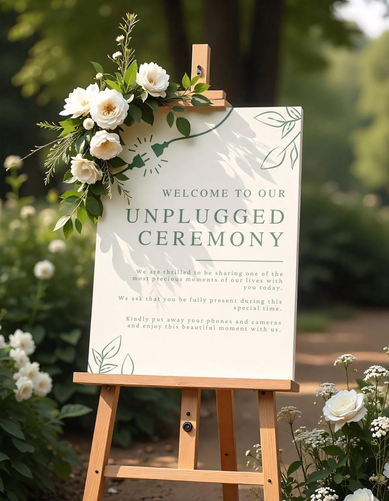 Unplugged Ceremony Wedding Sign Template | Modern Sage Leaf Wedding ...