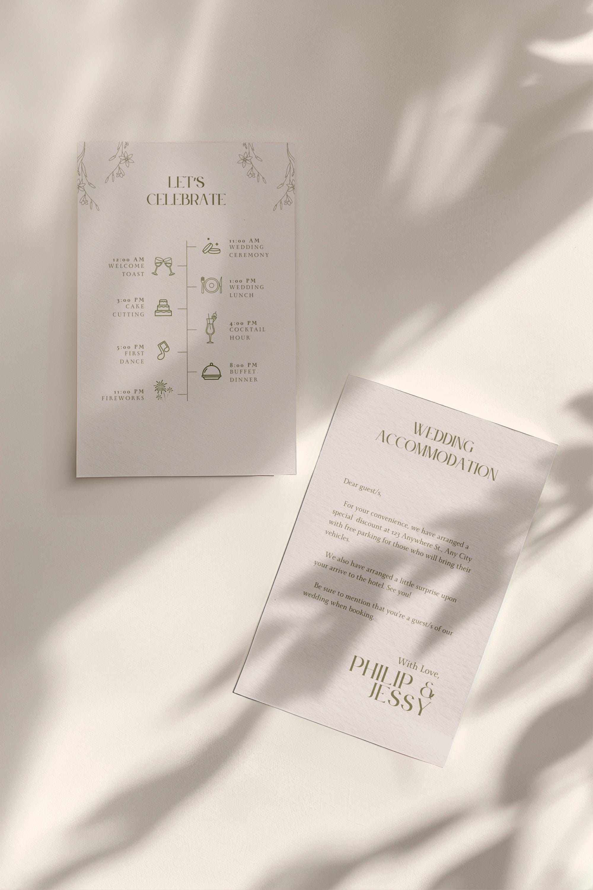 Elegant Wedding Details Card Template: Olive Reception, Accommodation ...