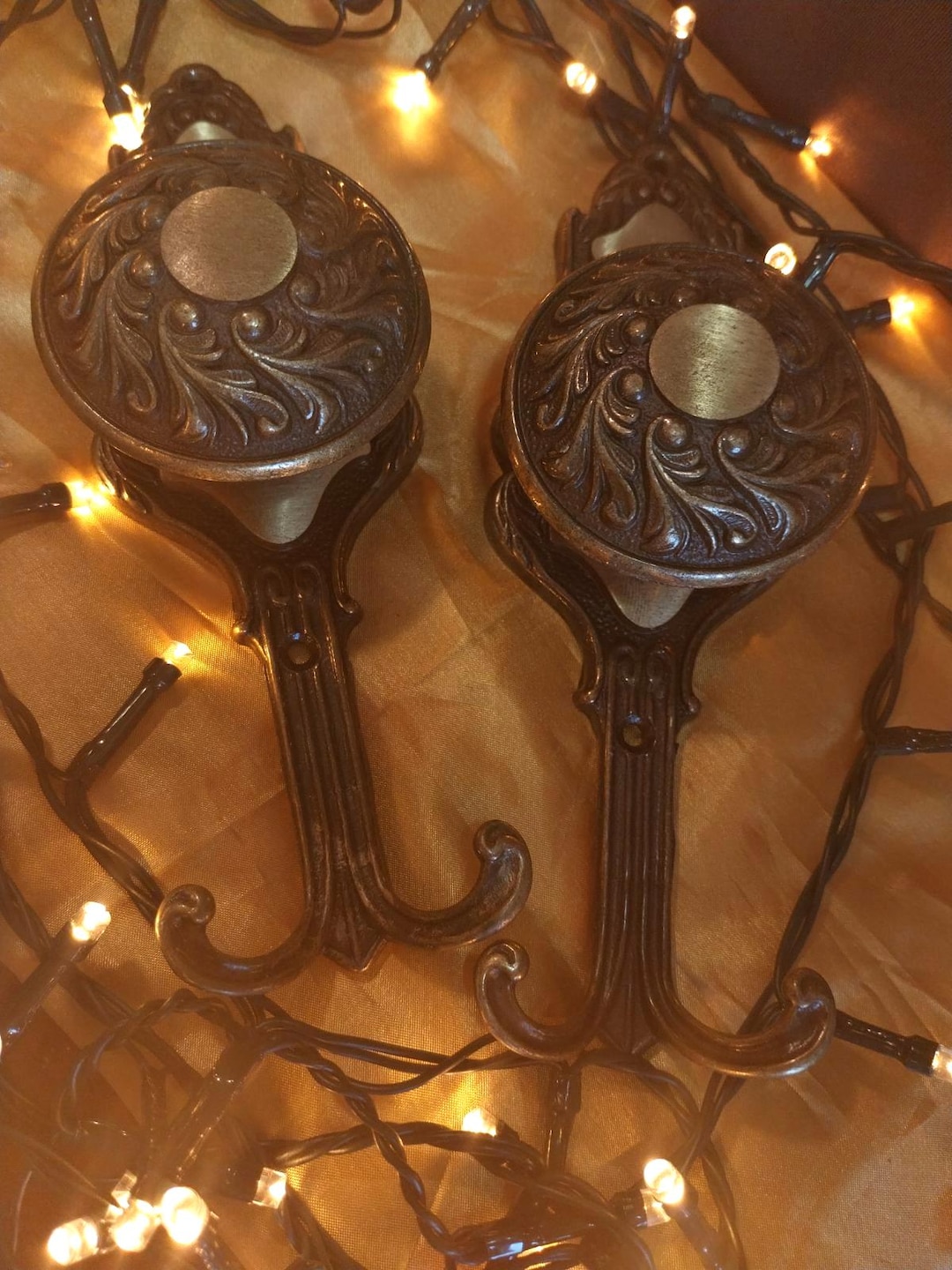 Vintage Cast Bronzed Metal Double Coat Hooks – Ornate Art Deco Entryway ...