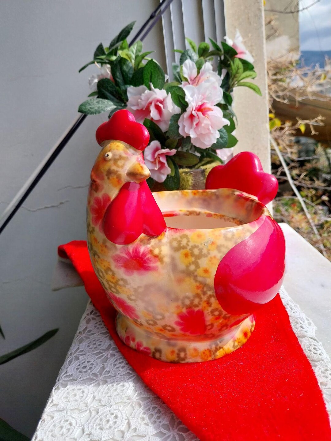 Vintage Glazed Ceramic Hen Egg Cup Planter, Farmhouse Chicken Bowl ...