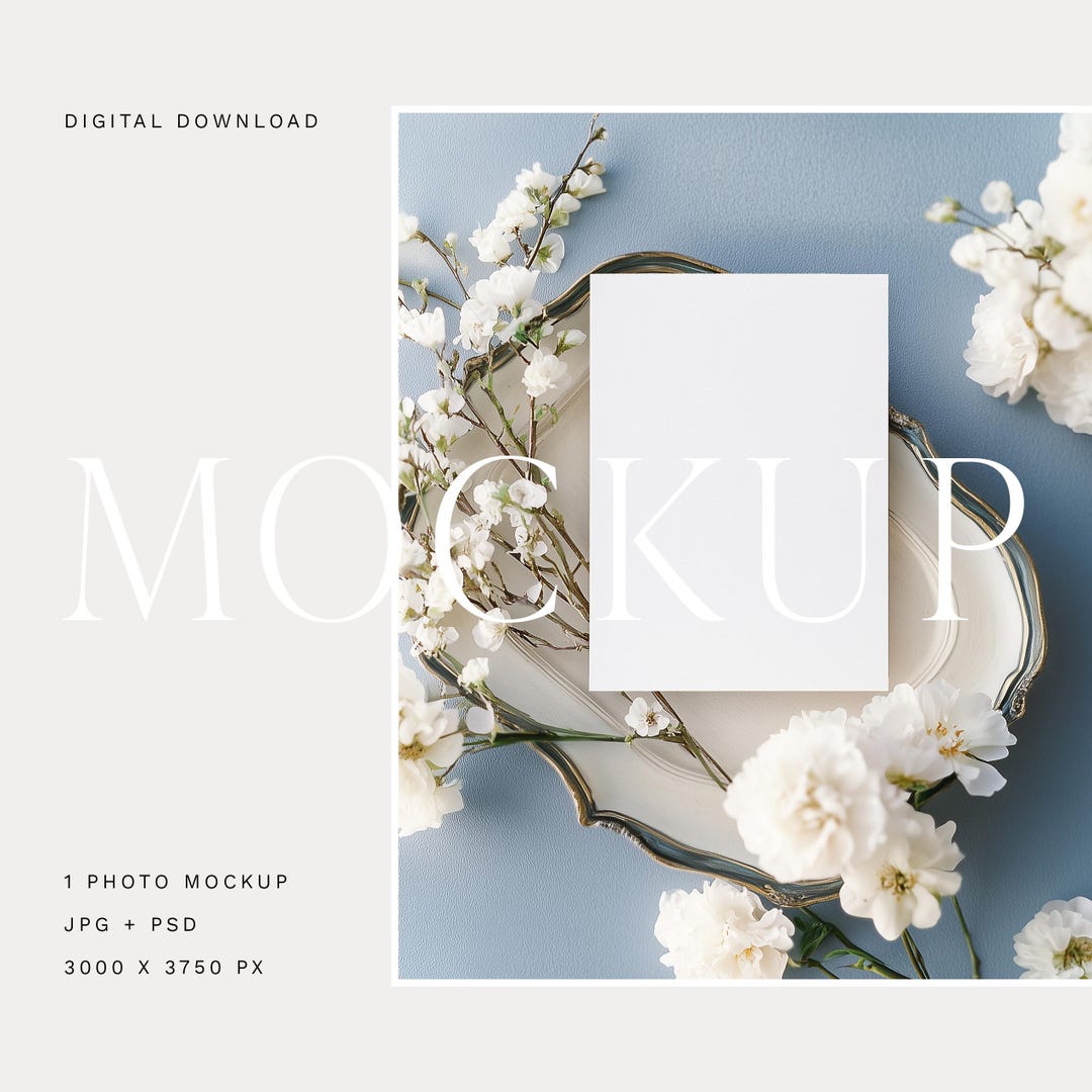Dusty Blue Card Mockup, Wedding Invitation Mockup, Blank 5x7 Mockup ...