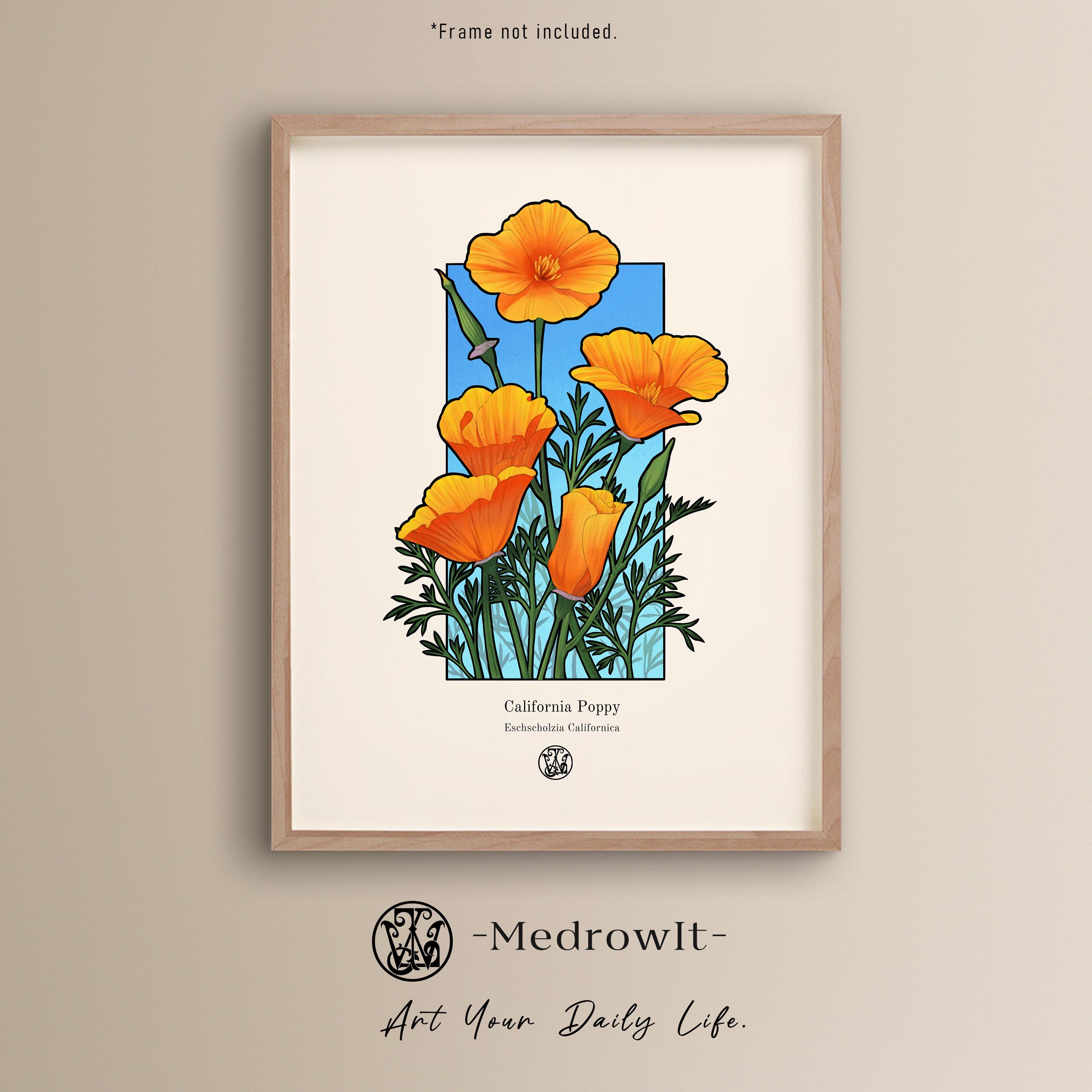 Hand-drawn California Poppy Wall Art - Sunshine Retro Botanical Print ...