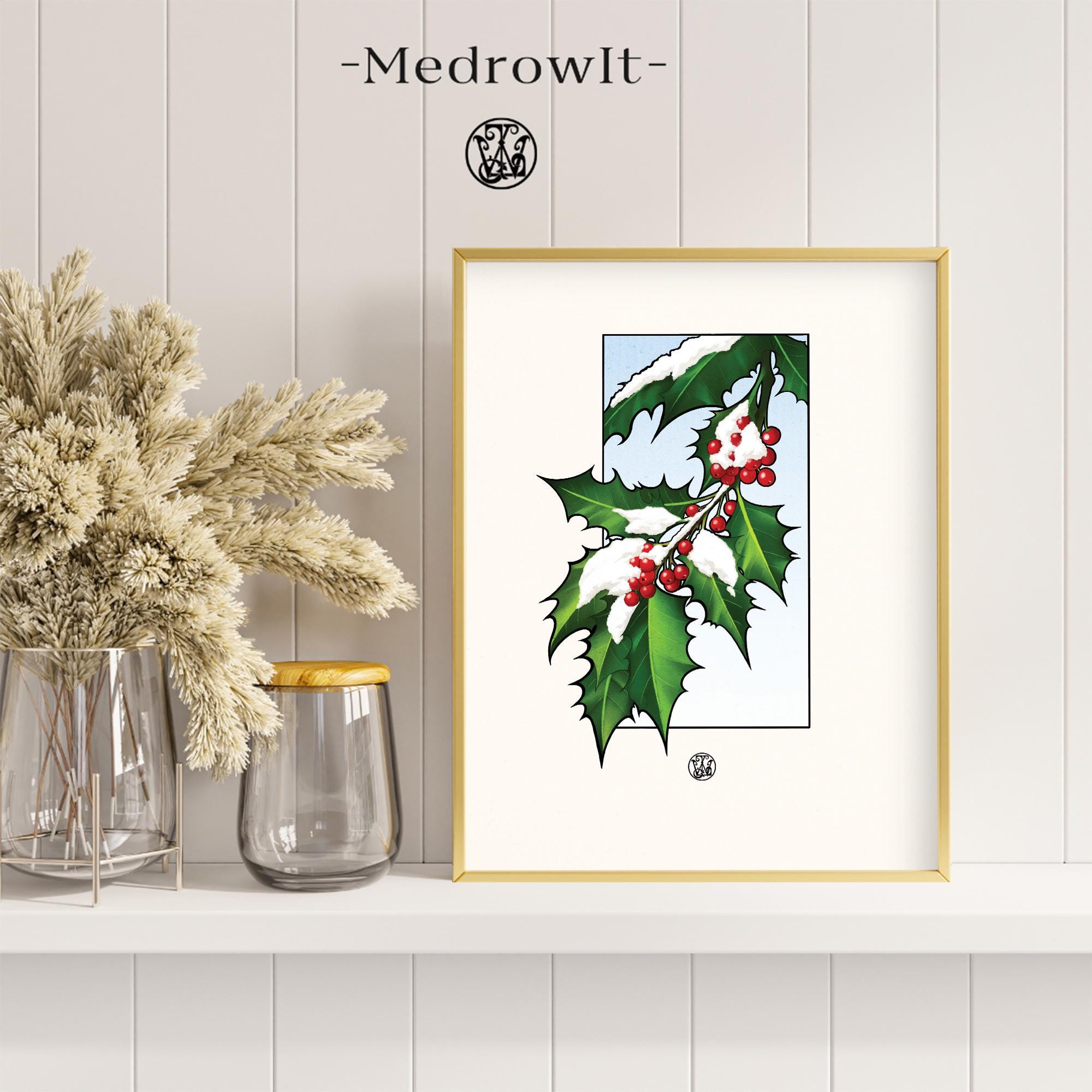 Vintage-inspired Holly Art Print Christmas Gift Hand-drawn Illustration ...