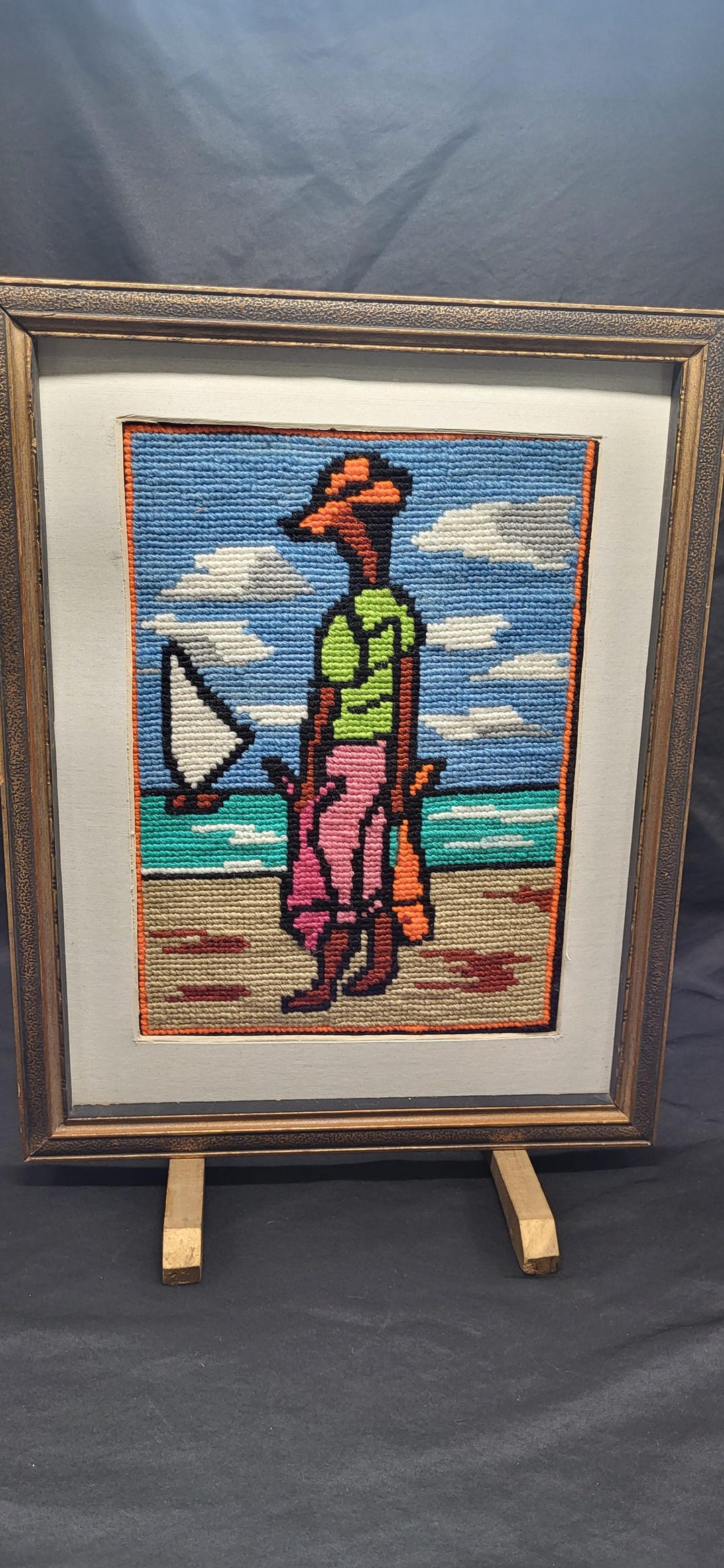 Vintage Fisherman Needlepoint on Stand Needlework Fishing Vintage Gold ...