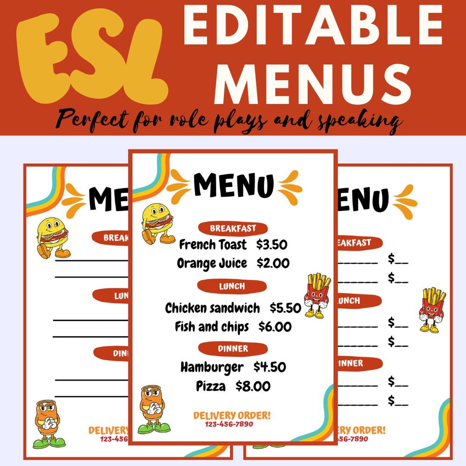 Printable & Editable Kids Menu ESL/EFL - Roleplay - Etsy