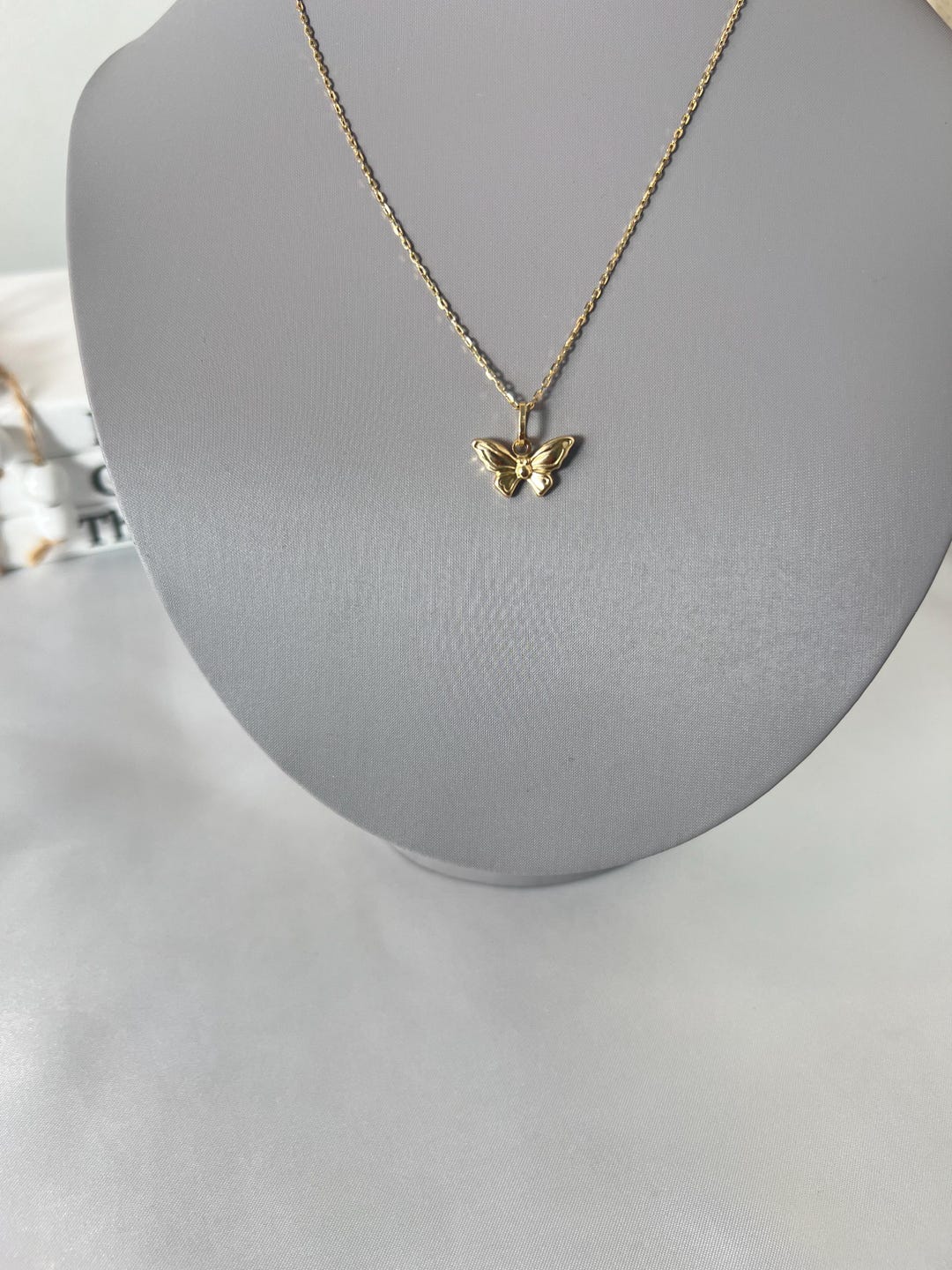 18k Solid Gold Chain, 18k Butterfly Necklace, Gold Butterfly Pendant ...