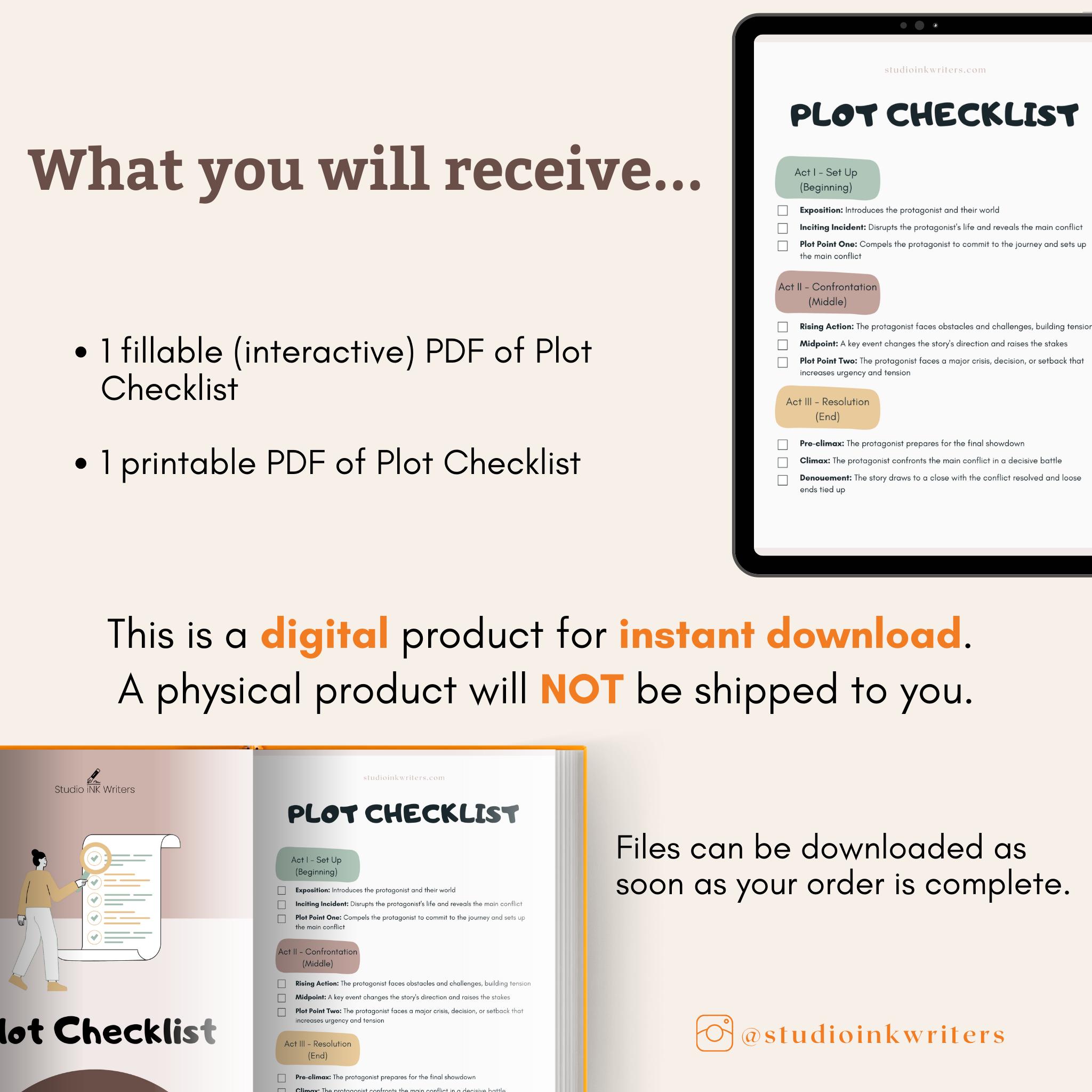 Novel Plot Checklist, Fillable and Printable PDF | One-page Digital Template for Story Plot ...