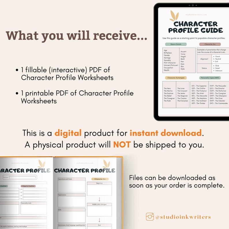 Character Profile Worksheets for Writers, Fillable & Printable PDF ...
