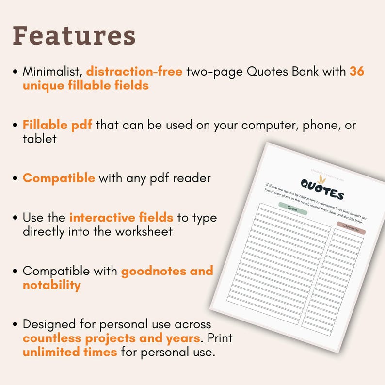 Quotes Bank Template for Writers, Fillable and Printable PDF | Digital ...