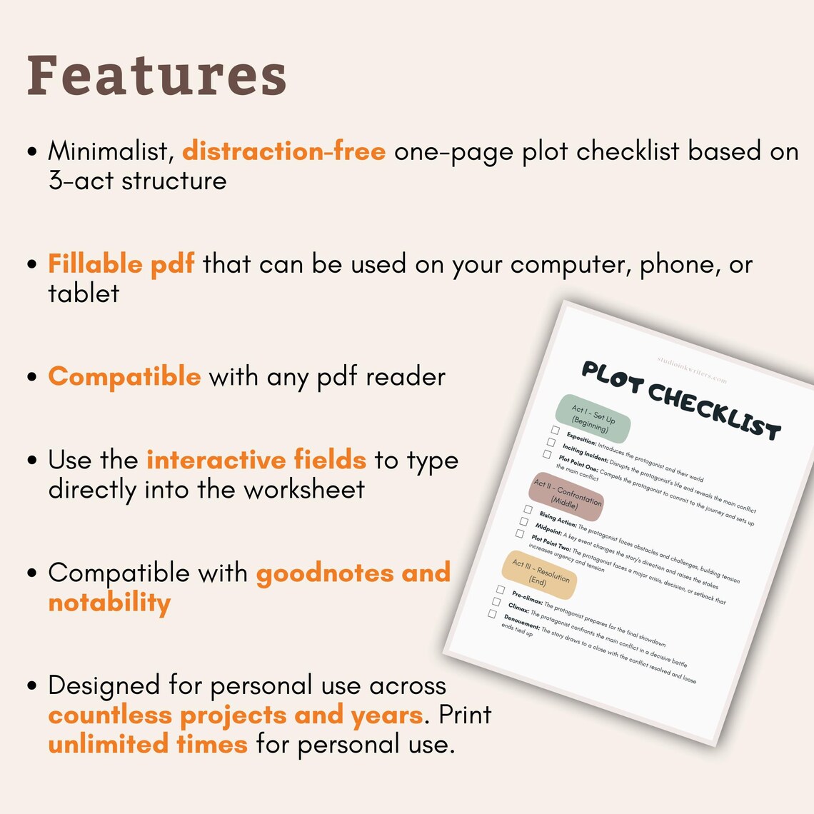 Novel Plot Checklist, Fillable and Printable PDF | One-page Digital ...