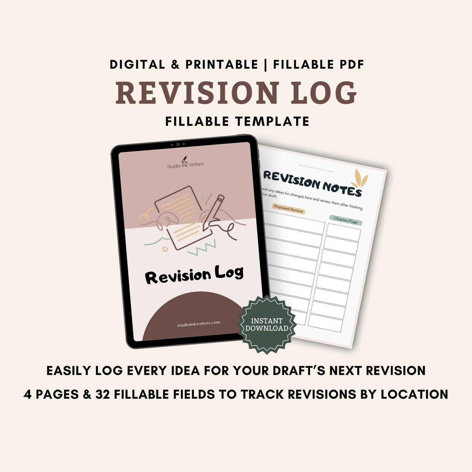 Revision Log Template for Writers, Fillable and Printable PDF | Digital ...