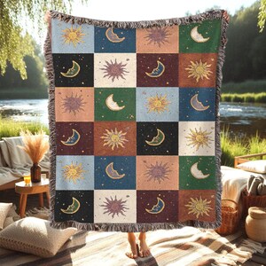 Sun and Moon Throw Blanket, Boho Sun and Moon Woven Blanket, Vintage ...