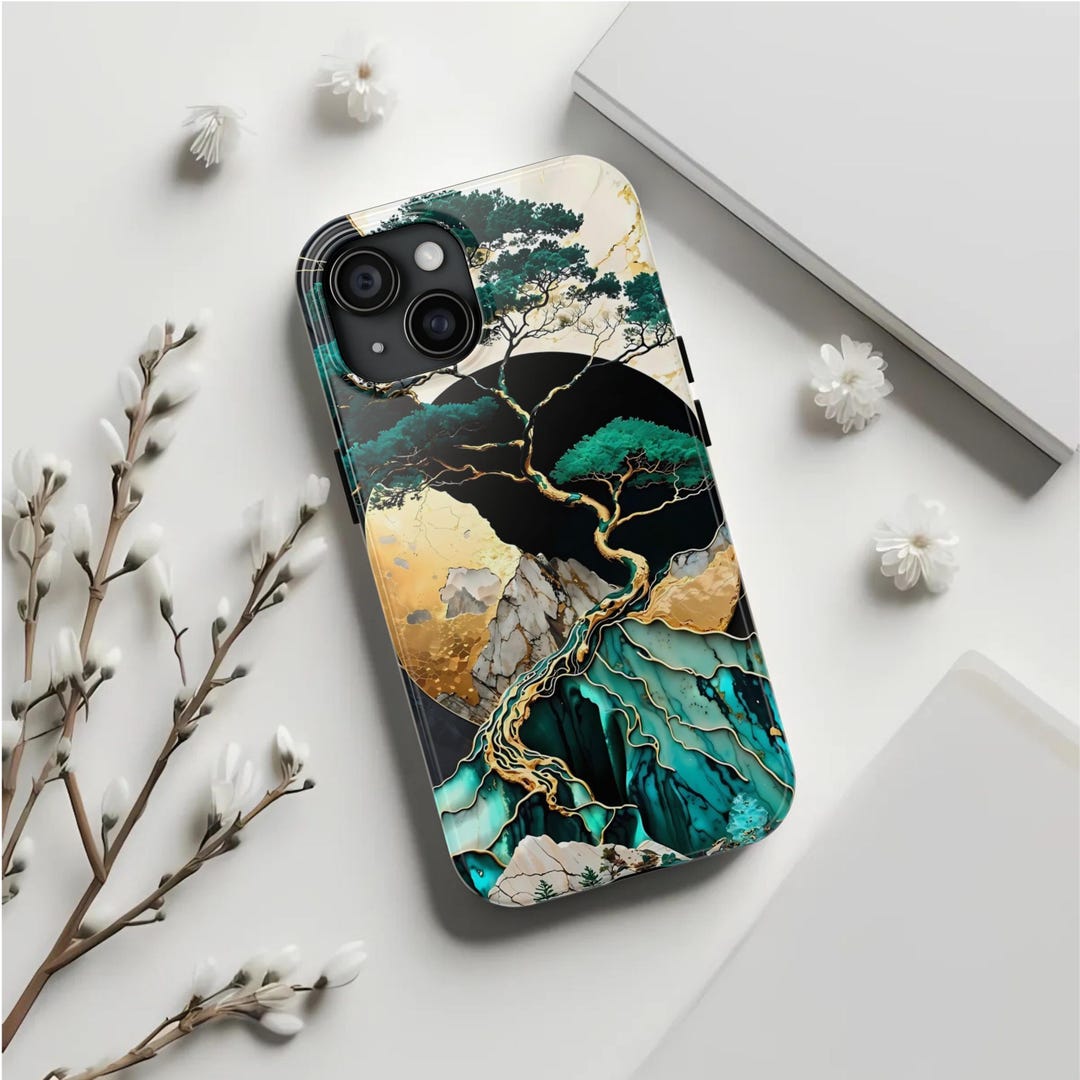 Asian Jade Carving Tough Case – Abstract Tree iPhone Cover With Teal ...