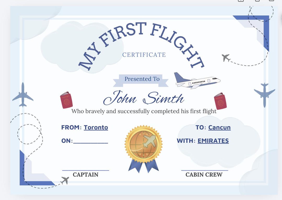 My First Flight Certificate | Baby & Kids Flying Certificate | Blue ...