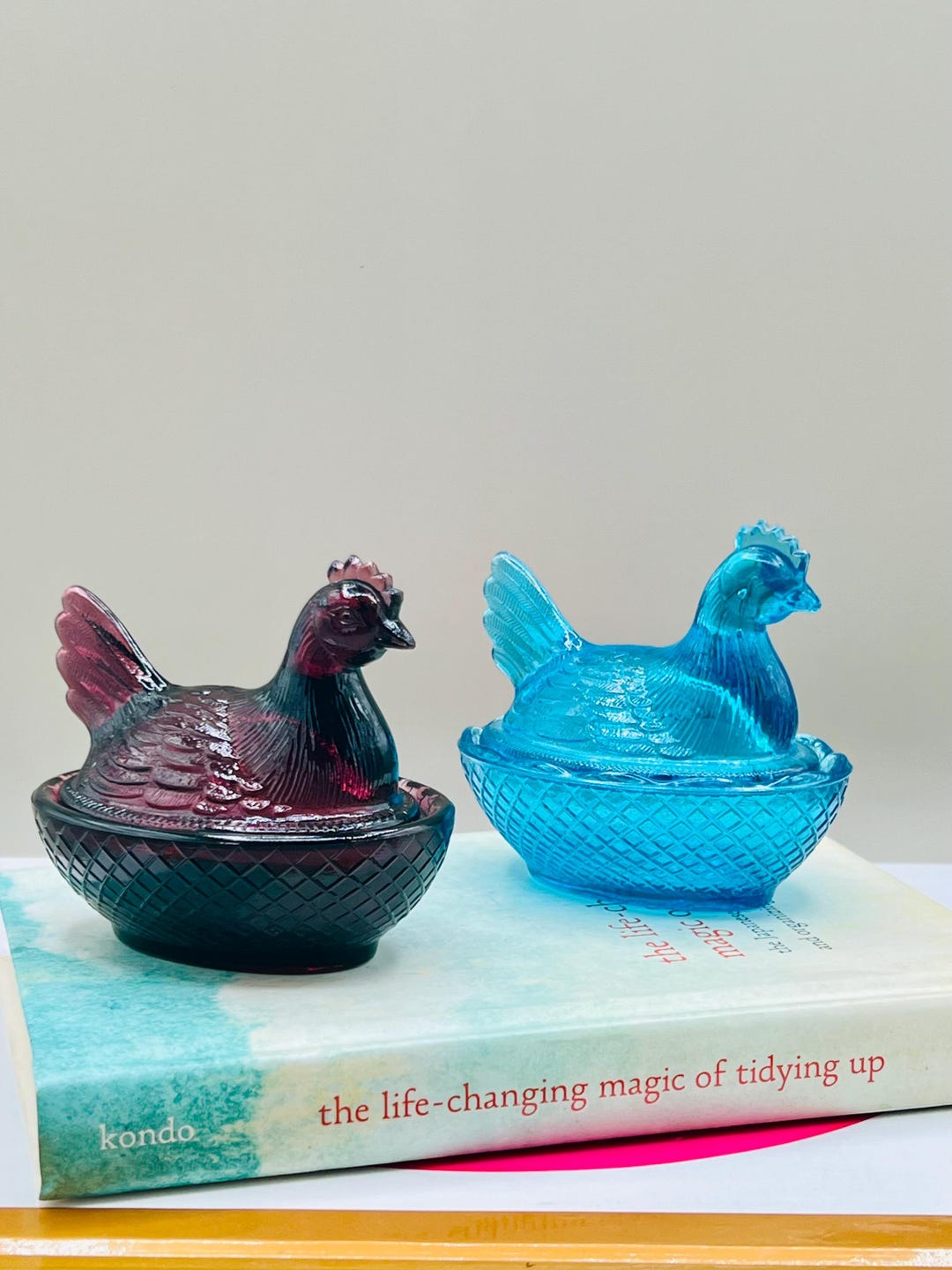 RARE Vintage Hen on Nest Dishes Set: Amethyst & Aqua Glass, Farmhouse ...