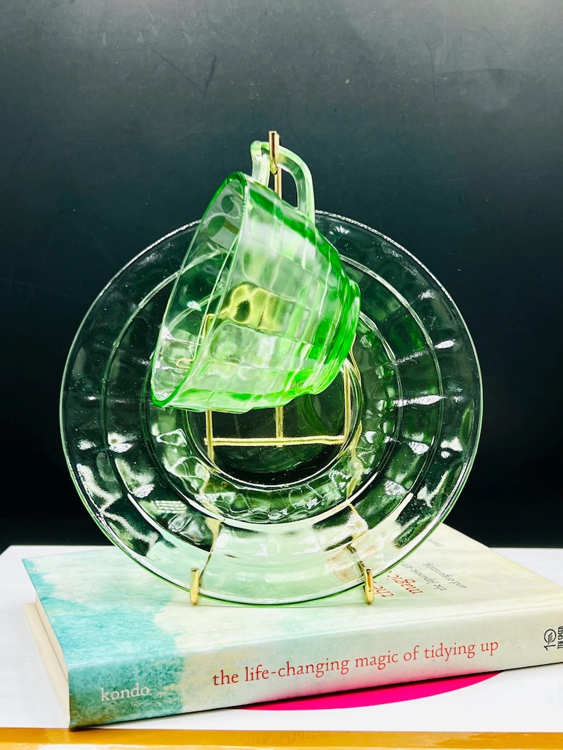 1930s Anchor Hocking Green Depression Glass Cup & Saucer | Block Optic ...
