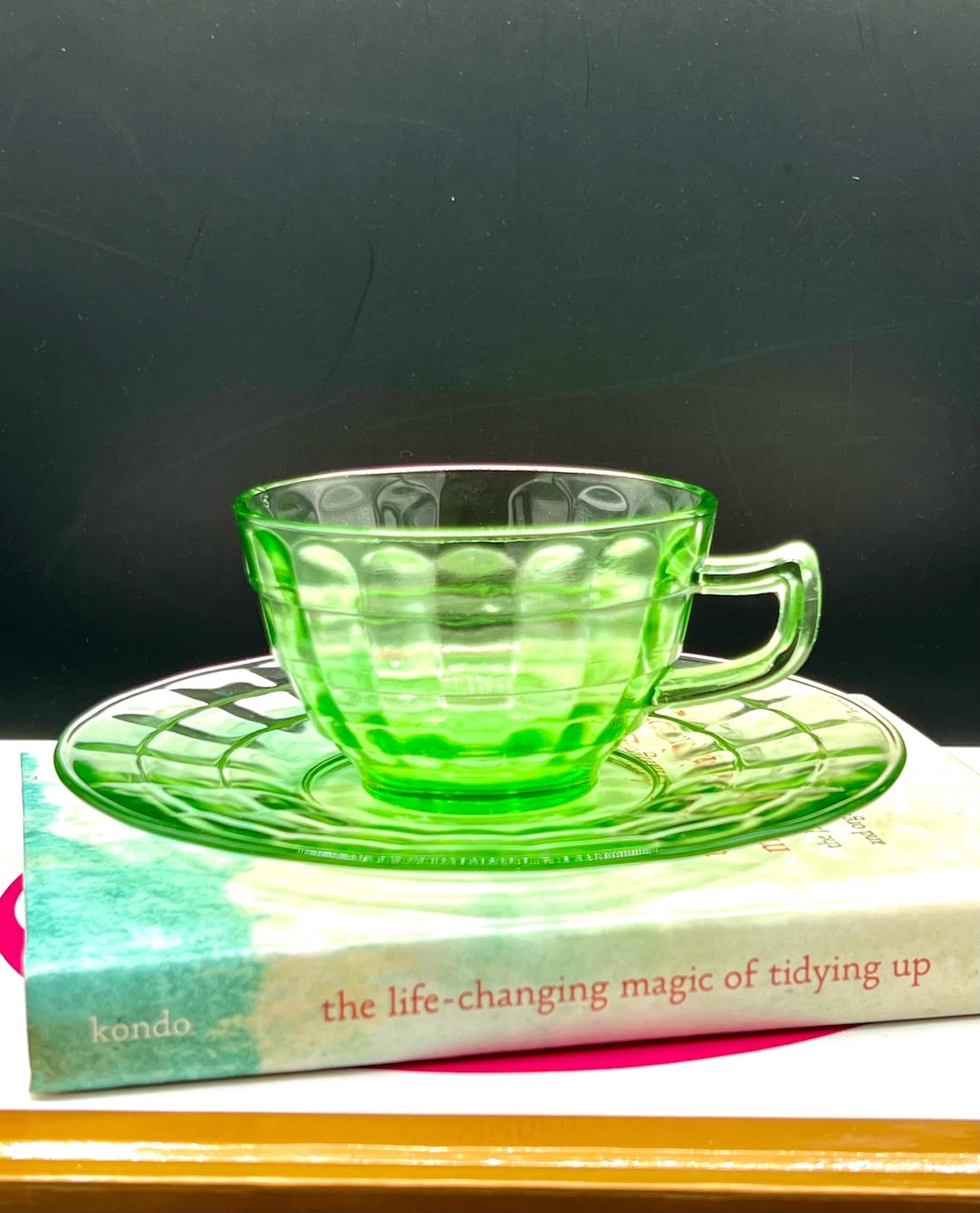 1930s Anchor Hocking Green Depression Glass Cup & Saucer | Block Optic ...