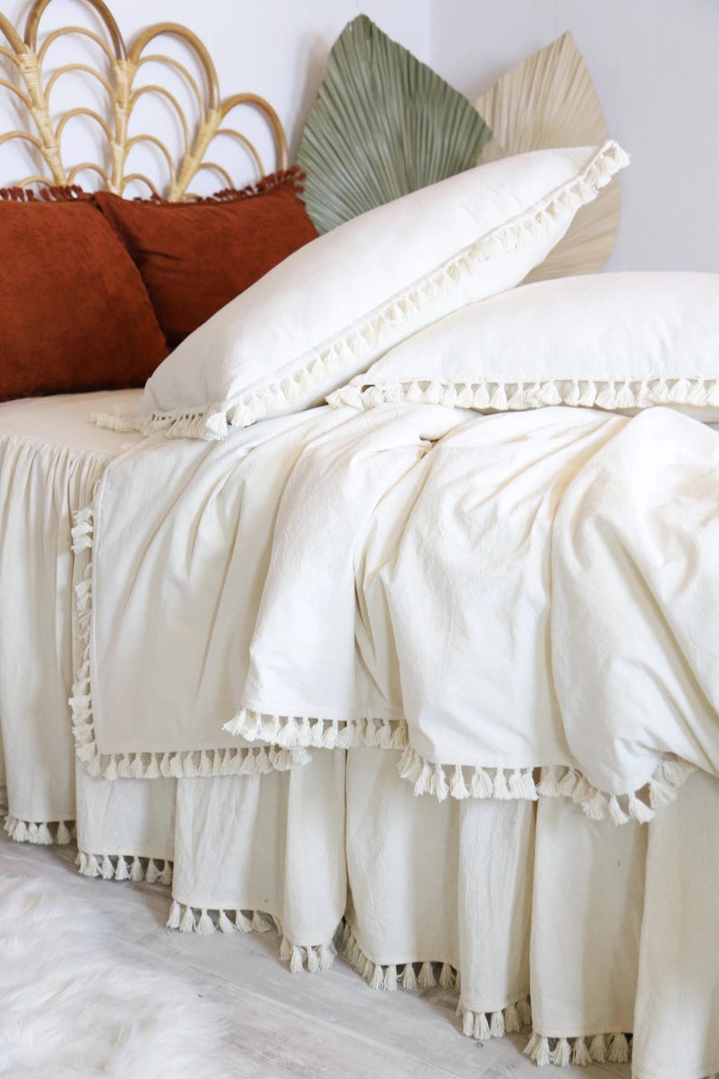 Neutral Bedding, Tassel Quilt Cover Set, Bohemian Duvet Cover, Boho ...