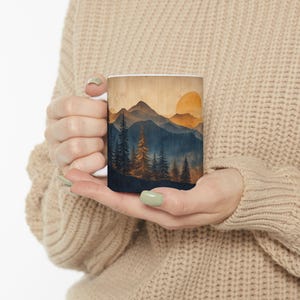 Mountain Sunset Ceramic Mug, Wood Panel Like Design Coffee Cup, Nature ...