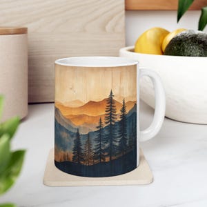 Mountain Sunset Ceramic Mug, Wood Panel Like Design Coffee Cup, Nature ...