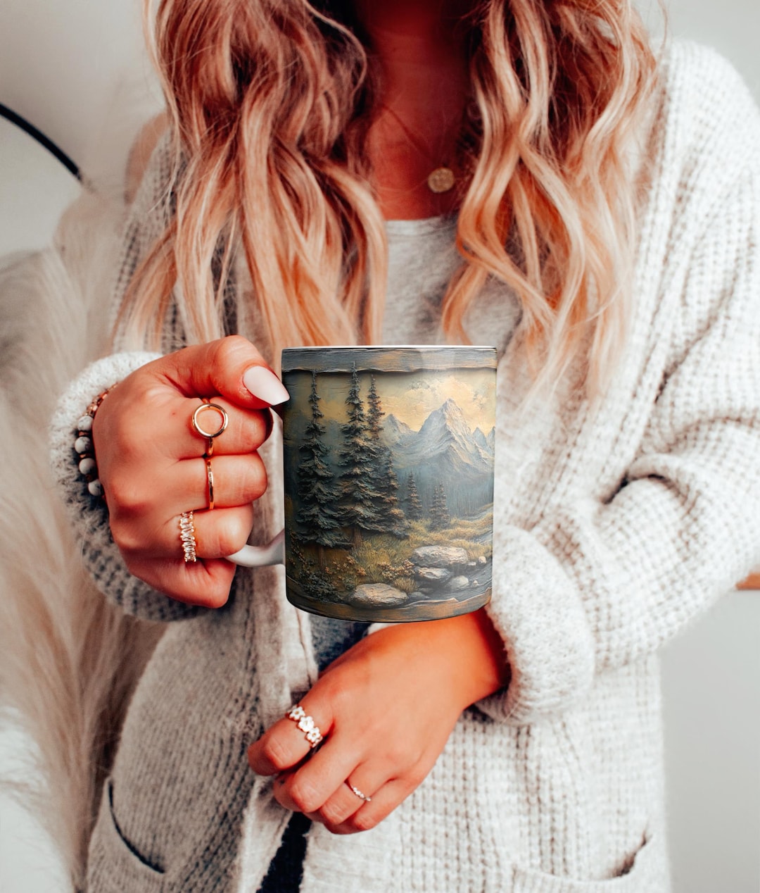 Mountain Range Stream Scenic Ceramic Mug, Paint on Wood Panel Style, Evergreen Nature Outdoor ...