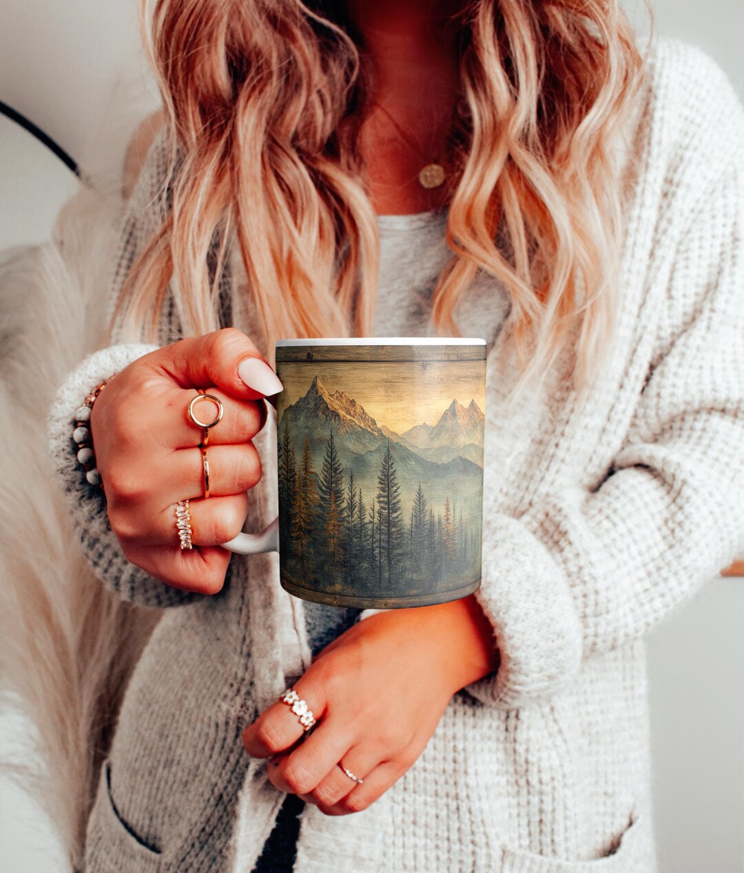 Mountain Sunset Ceramic Mug, Sunset Forest Coffee Cup, Moon Over ...