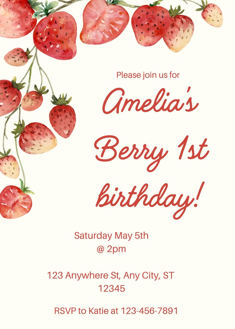 Berry First Birthday Invitation Template - Etsy