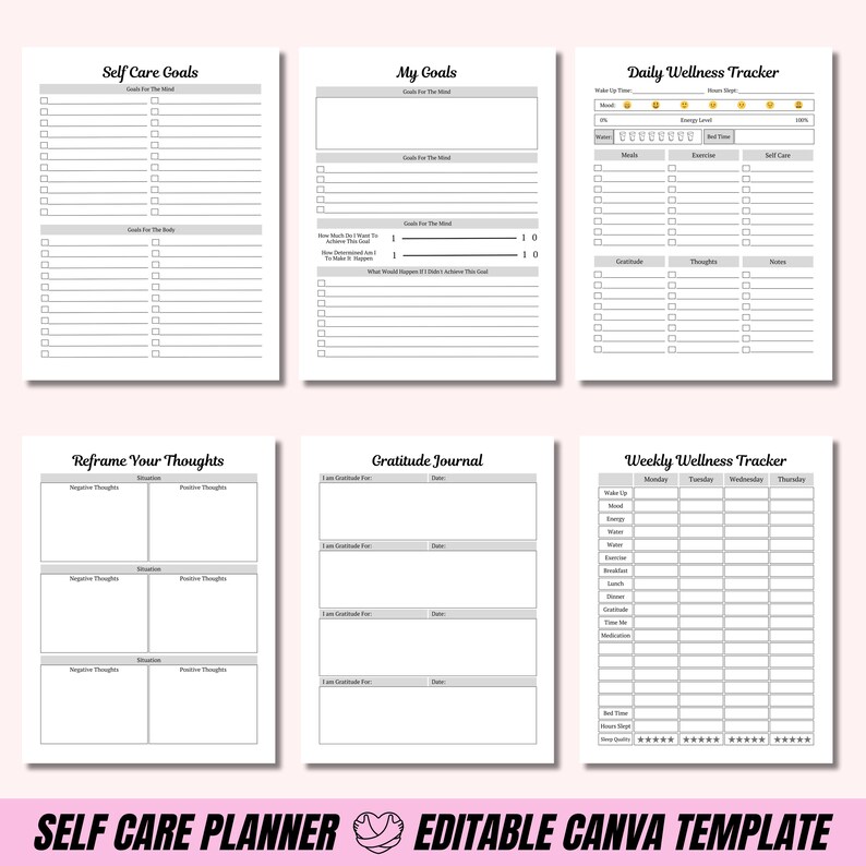 Self-care Planner Canva Template Mindfulness Workbook Self-love Journal Mental Health Worksheet ...
