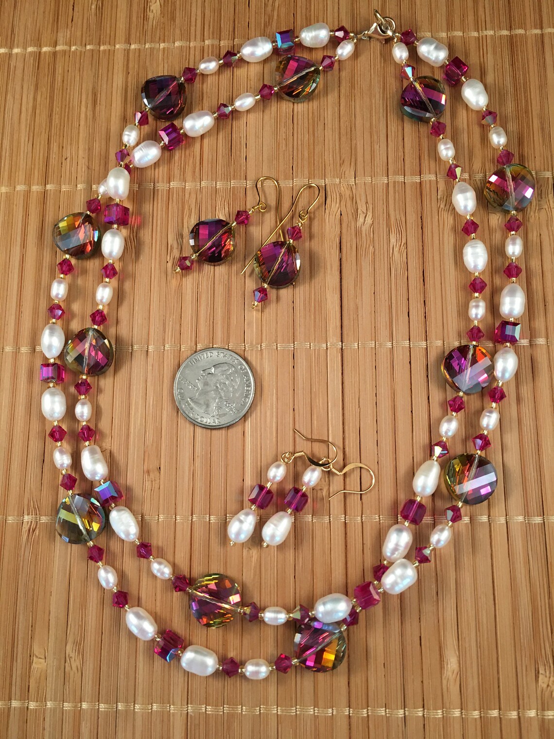 Elegant Ruby Crystal and Fresh-water Pearls Necklace and Earrings Set ...