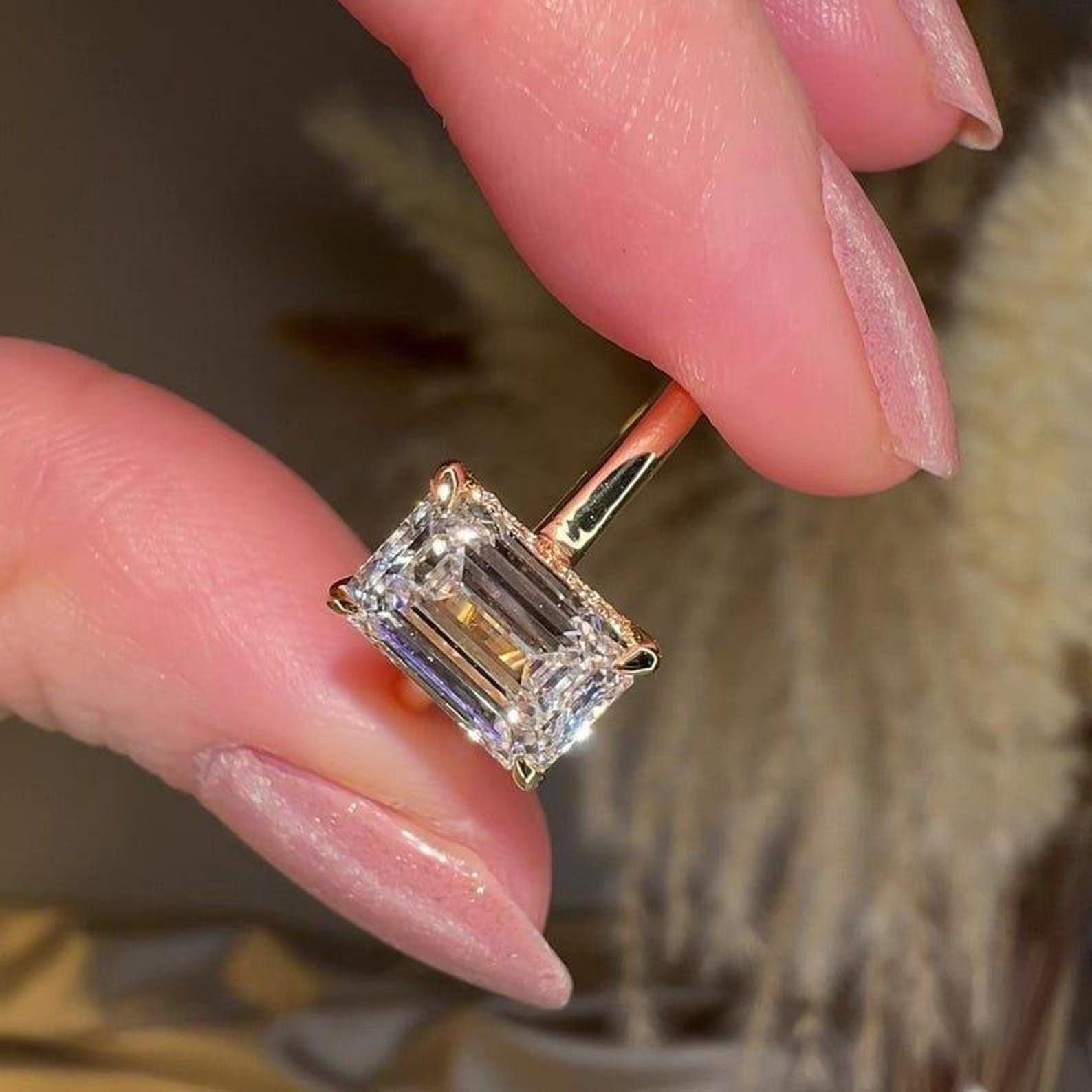 4ct Emerald Cut Moissanite Engagement Ring Cathedral Ring Diamond on Bridge Hidden Halo Ring ...