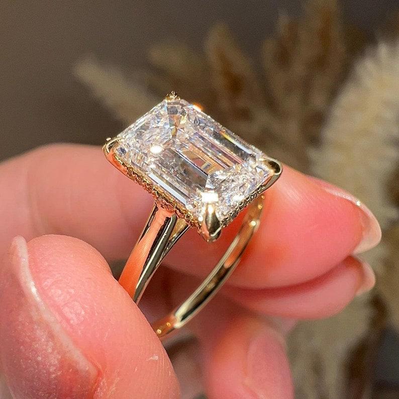 4ct Emerald Cut Moissanite Engagement Ring Cathedral Ring Diamond on Bridge Hidden Halo Ring ...
