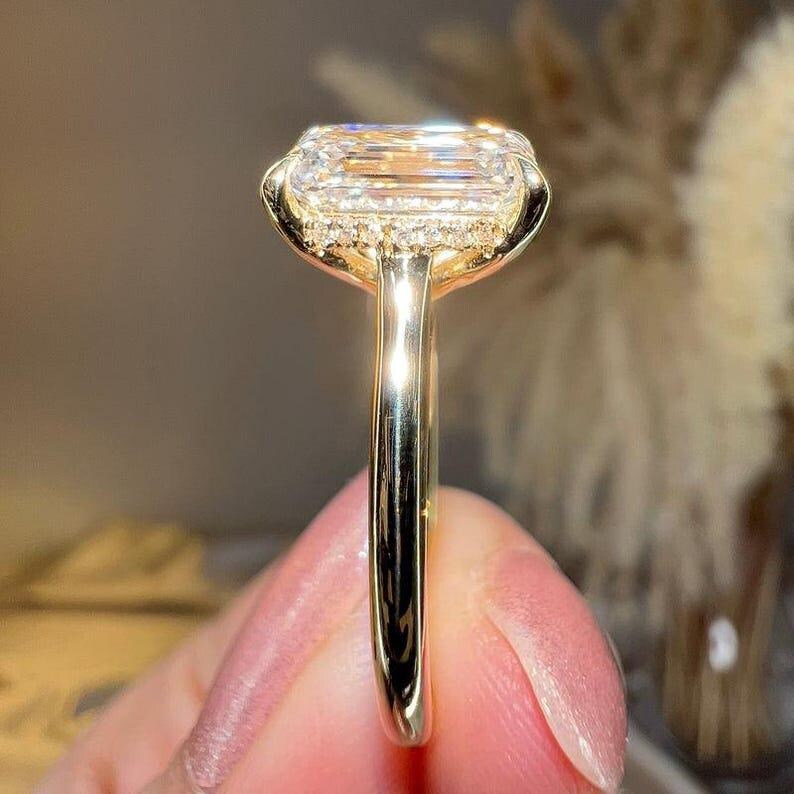 4ct Emerald Cut Moissanite Engagement Ring Cathedral Ring Diamond on Bridge Hidden Halo Ring ...