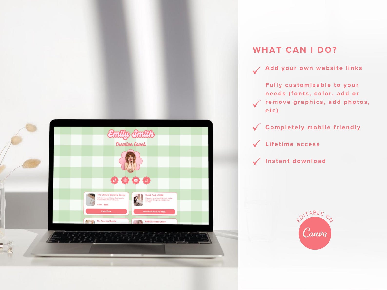 Girly Link in Bio Website Template: Green Pastel Canva Editable - Etsy