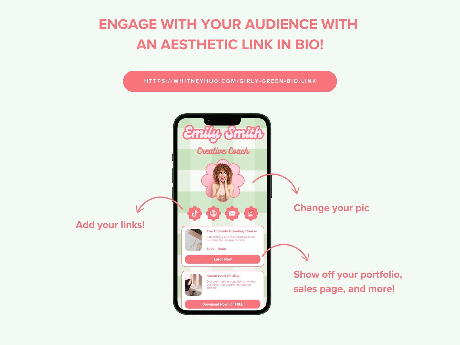 Girly Link in Bio Website Template: Green Pastel Canva Editable - Etsy