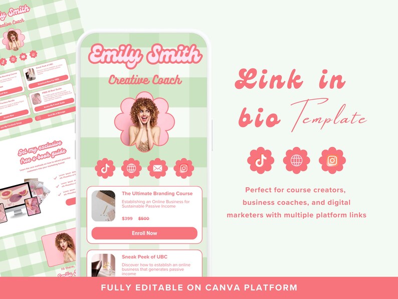 Girly Link in Bio Website Template: Green Pastel Canva Editable - Etsy