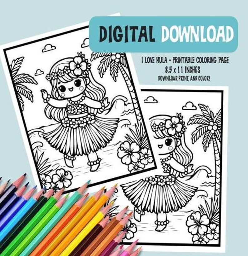 Hawaiian Hula Girl Coloring Page Kawaii Style | Coloring Page Digital ...