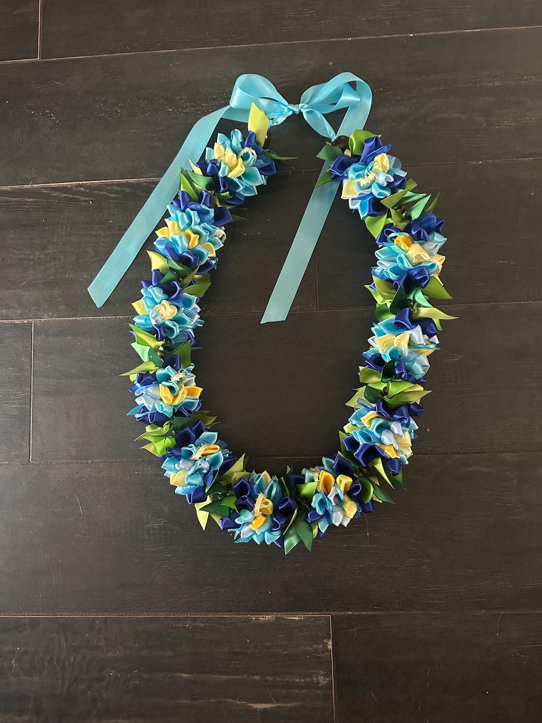 Blue and Yellow Ribbon Deluxe Lei With Wooden and Kukui Nut Bead for ...