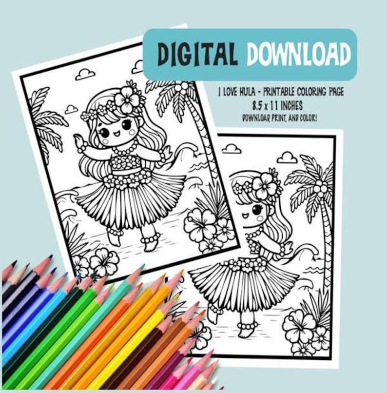 Hawaiian Hula Girl Coloring Page Kawaii Style | Coloring Page Digital ...