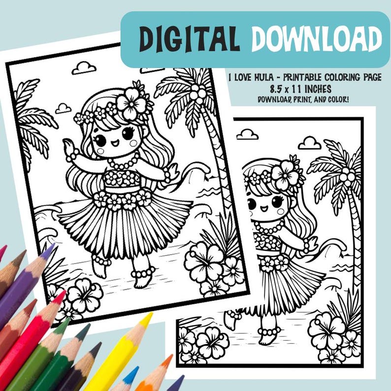 Hawaiian Hula Girl Coloring Page Kawaii Style | Coloring Page Digital ...