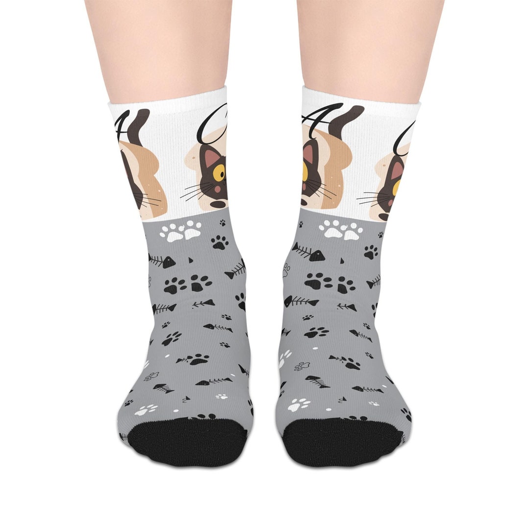 Cute Cat Lover Socks | Fun Cartoon Cat Design With Paw Prints ...