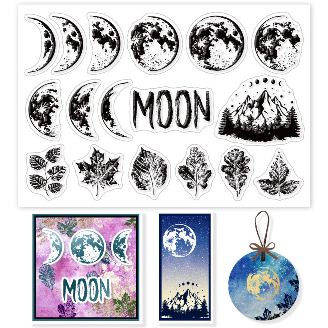 Clear Stamps MOON PHASES New Full Crescent Autumn Leaves Fall Night ...