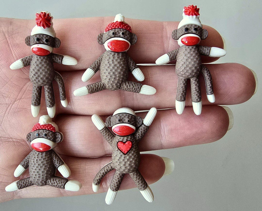 5 X Plastic Craft Buttons SOCK MONKEYS Brown Monkey Animals Dress It up ...