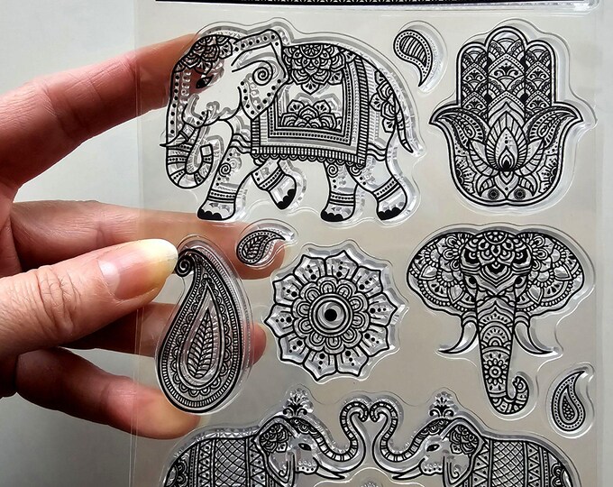 Clear Stamps MANDALA ELEPHANT Flower Hamsa Hand Rubber Stamping Card ...
