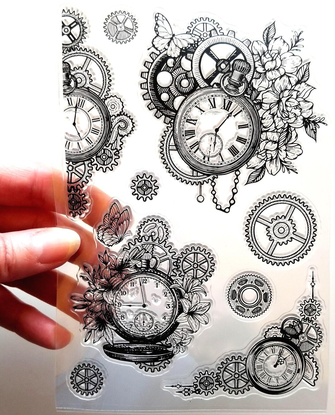 Clear Stamps STEAMPUNK POCKET WATCH Clock Gears Cogs Flowers Butterfly ...