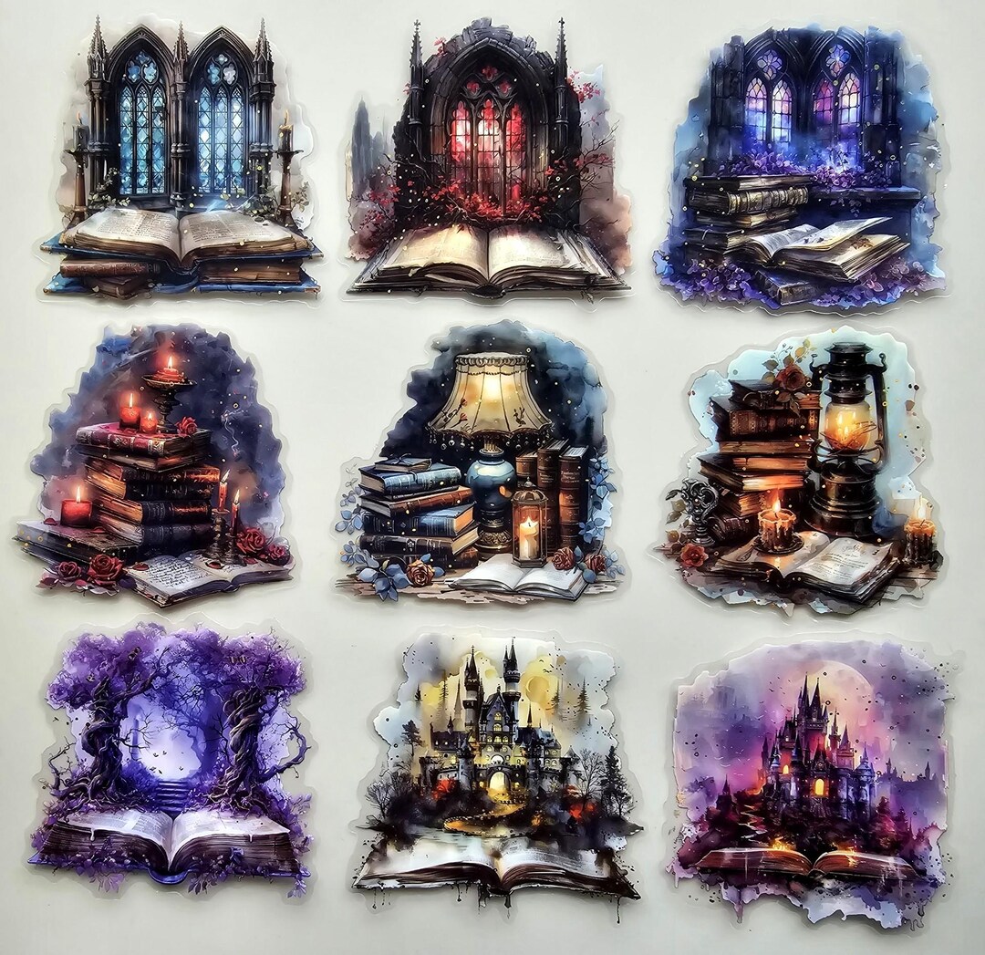 8 Stickers MYSTICAL BOOKS Church Castle Tree Candle Lantern Card Making ...