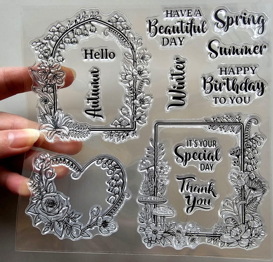 Clear Stamps FLOWER FRAMES Seasons Sentiments Words Rubber Stamping Card Making Scrapbooking ...