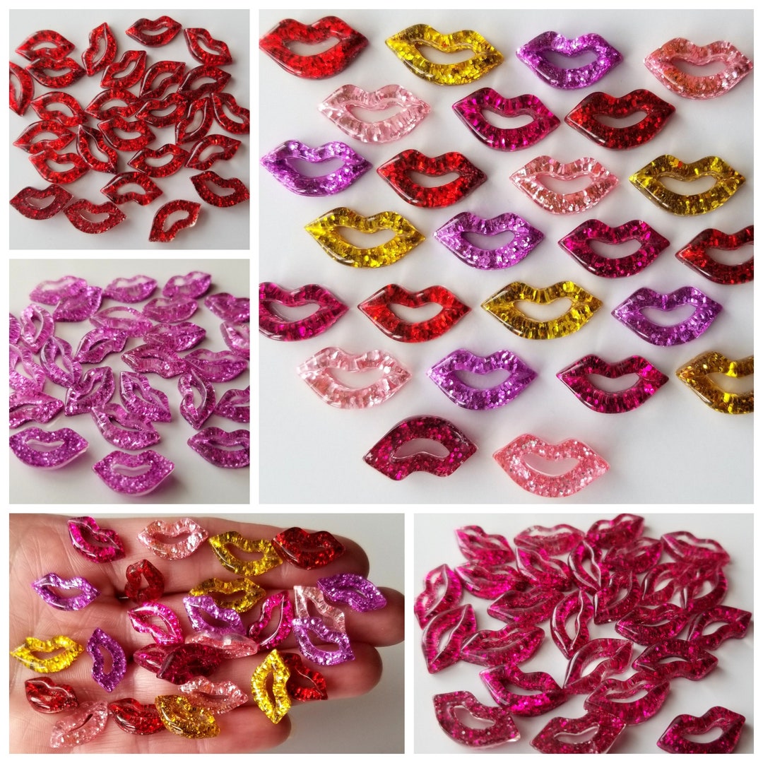 Tiny Resin Craft Cabochons GLITTER LIPS Kiss Mouth Love Valentine's Day ...